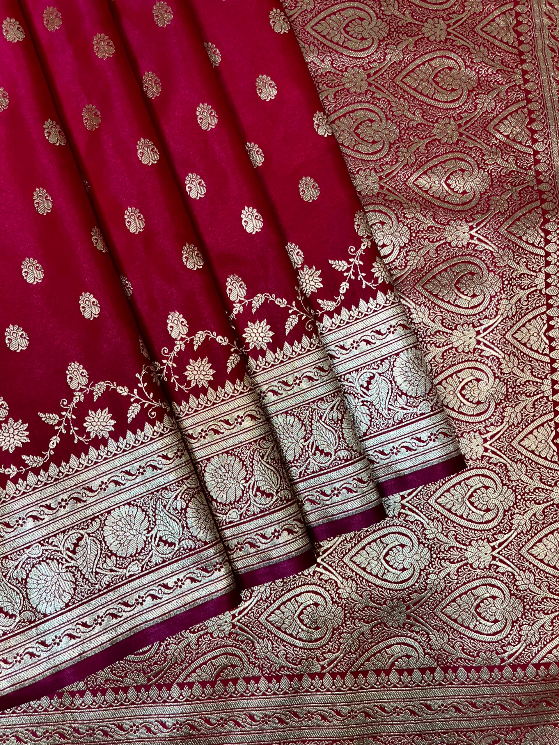 Dark Red Banaras Katan Silk Saree with Body Butti and Border Design b0 ...