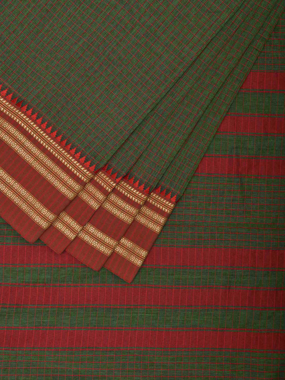 Dark Green and Red Bamboo Cotton Saree with Checks Design No Blouse bc ...