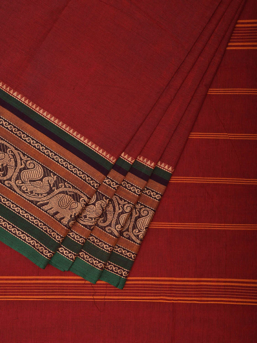 Dark Red Kanchipuram 80s Cotton Plain Saree with Peacock-Elephant Bord ...