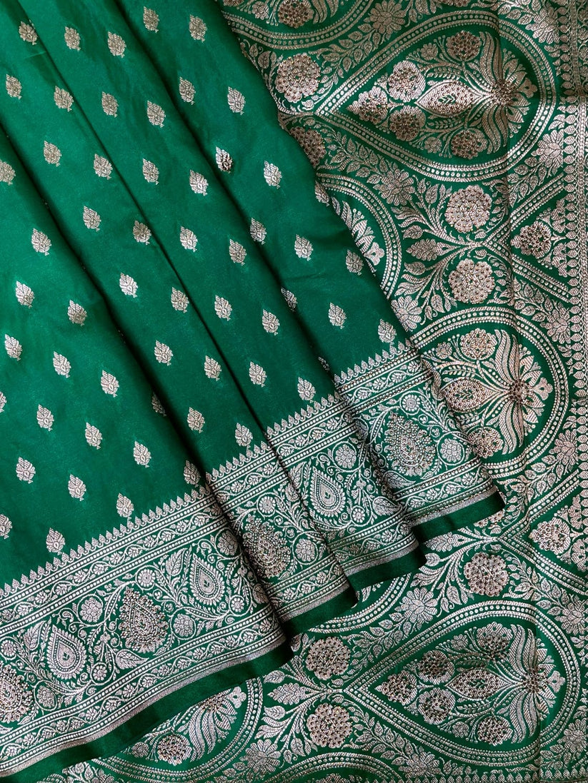 Green Banaras Katan Silk Saree with Body Butti and Stone Work Design b ...