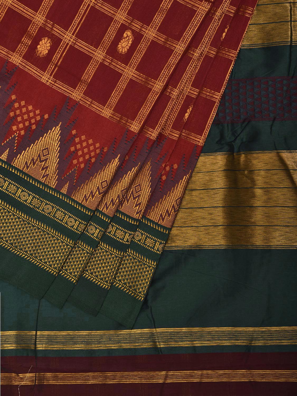 Maroon and Green ilkal Viscose Saree with Big Checks and Temple Border ...