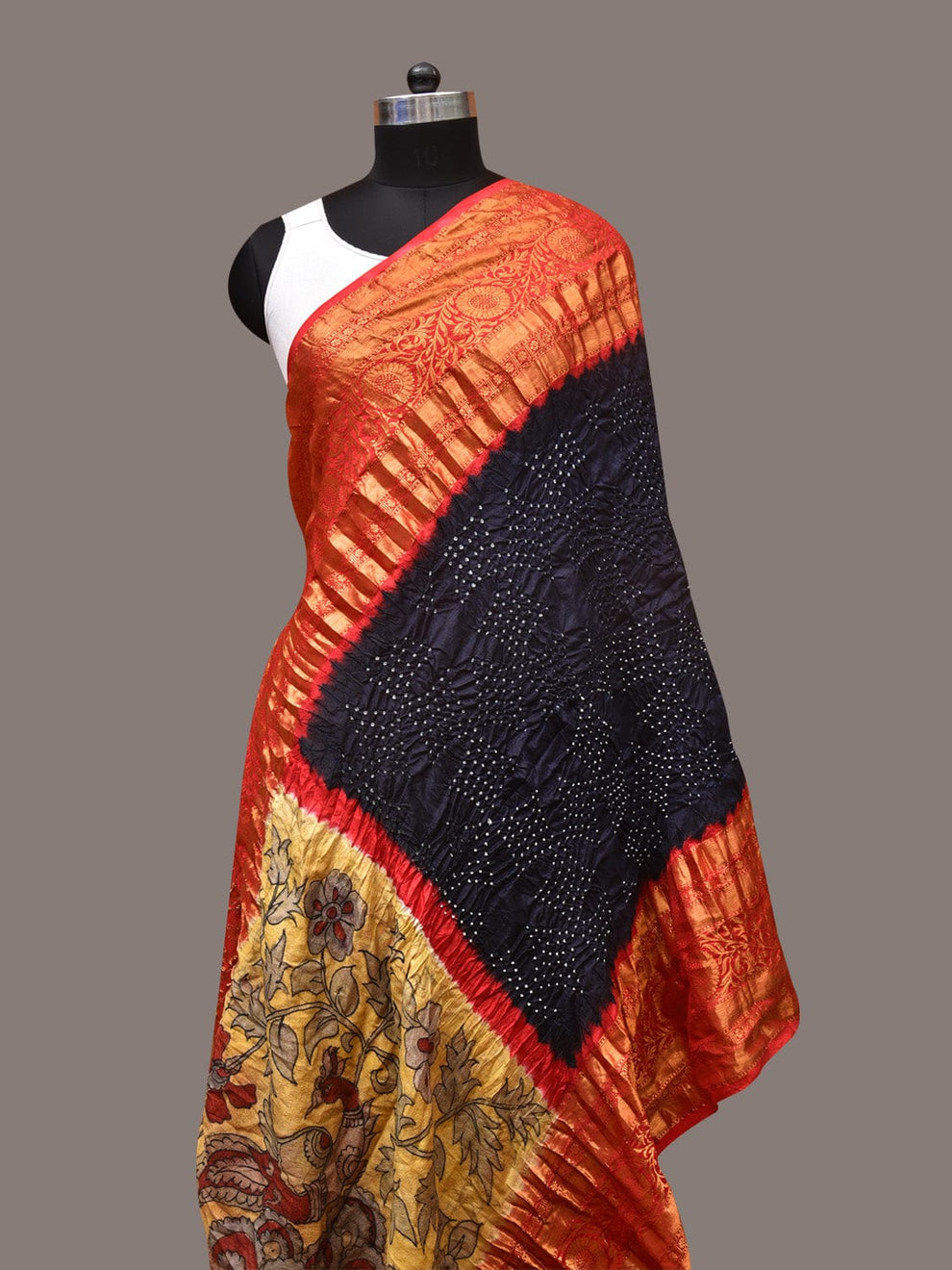 Navy Bandhani Kanchipuram Silk Handloom Dupatta with Kalamkari Design ...