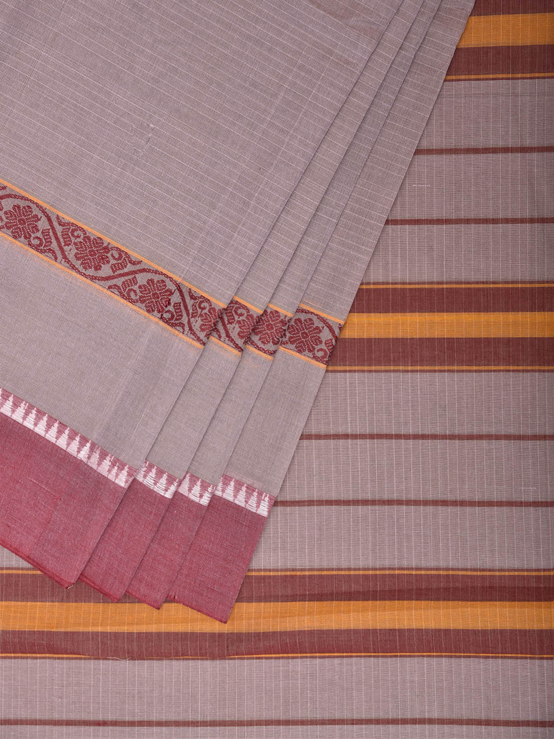 Light Grey and Dark Red Narayanpet Cotton Handloom Saree with Strips ...