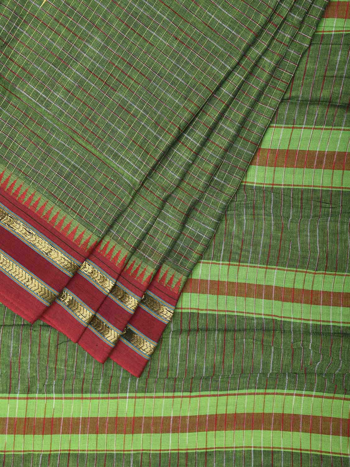 Green and Red Narayanpet Cotton Saree with Strips Body and Pallu Design ...