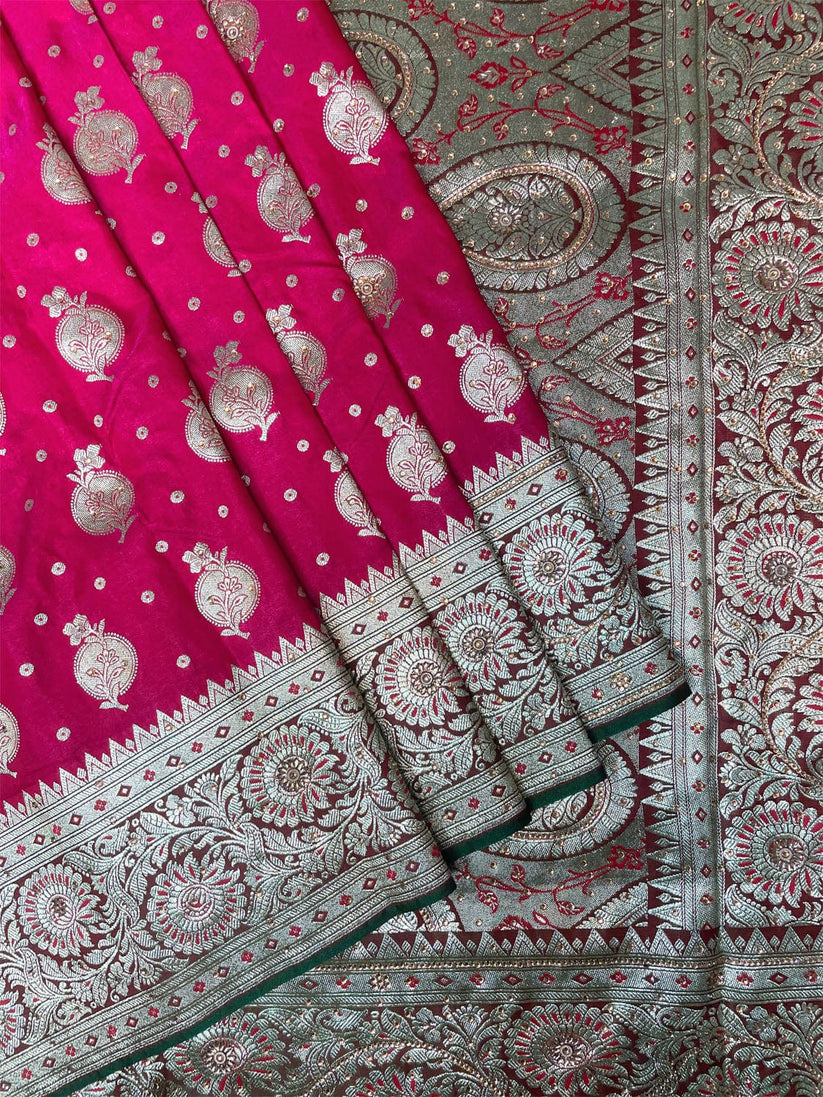 Onion Pink Banaras Katan Silk Saree with Body Butti and Border Design ...