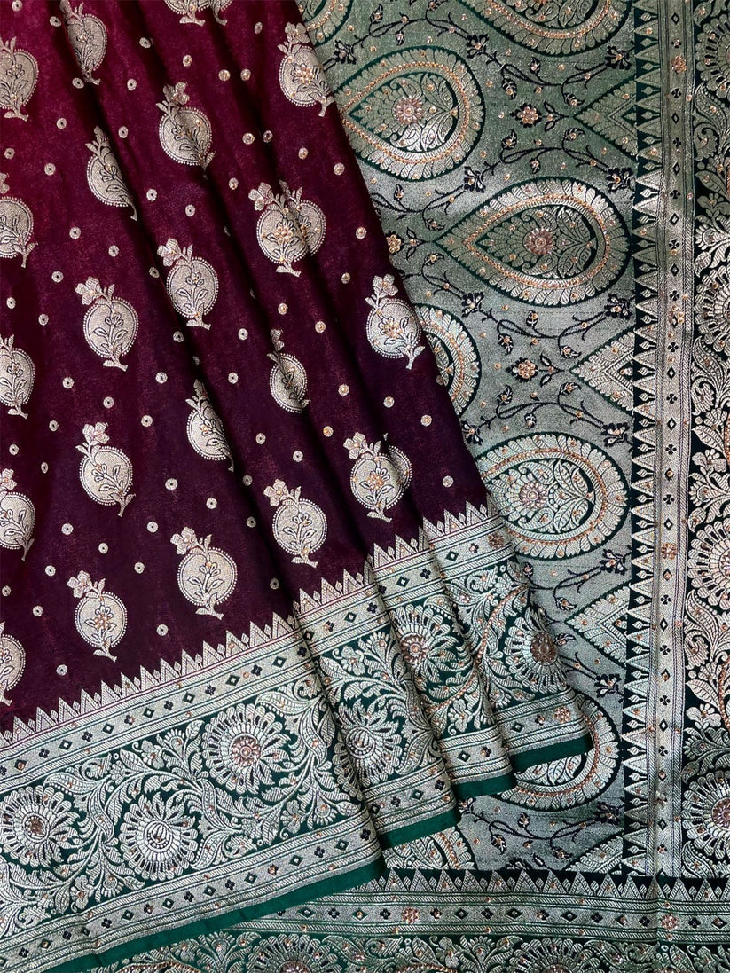 Wine Banaras Katan Silk Saree with Body Butti and Border Design b0365s ...